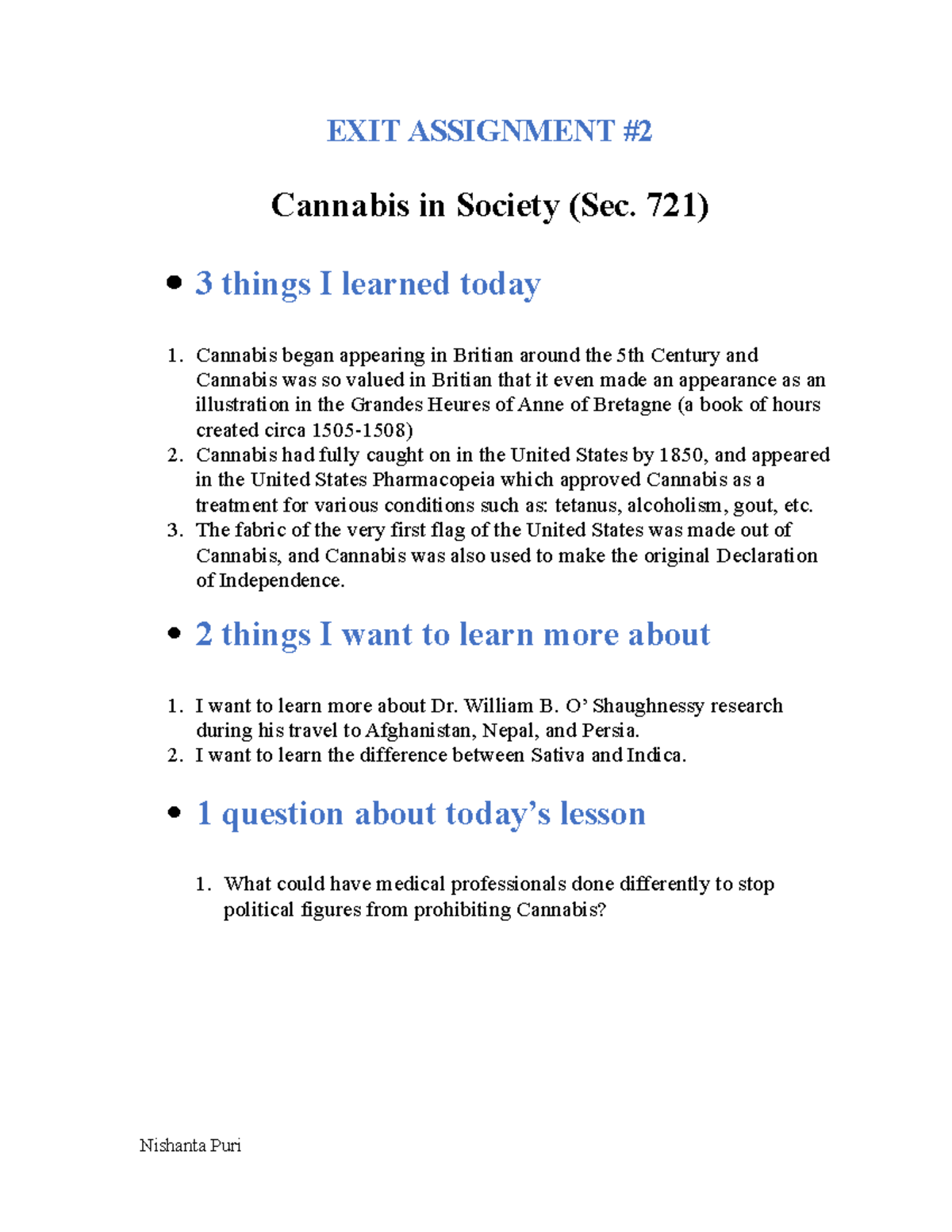 EXIT #2 - SADFSADFSDVSAD - EXIT ASSIGNMENT Cannabis in Society (Sec ...