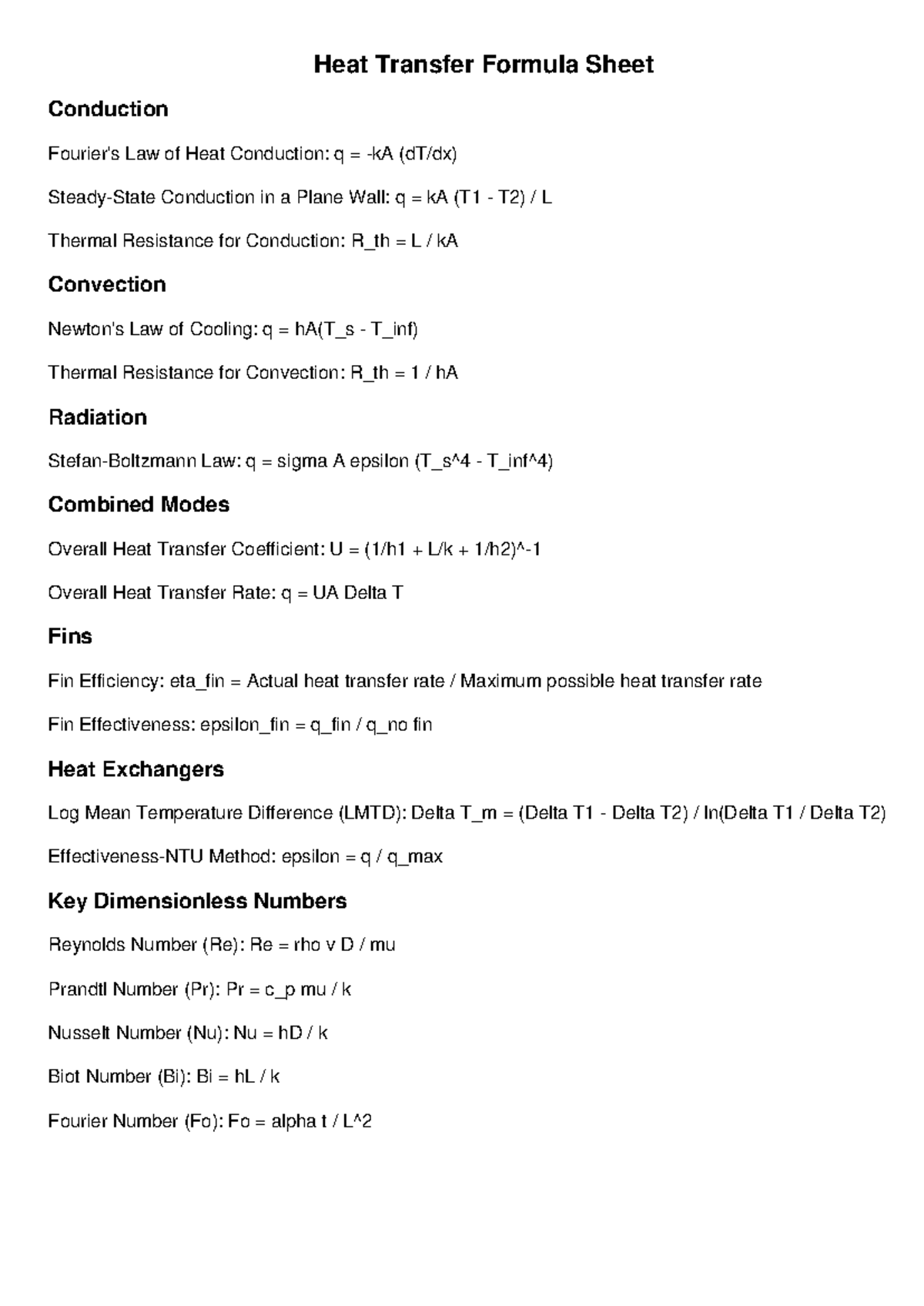 Heat Transfer Formulas - Studocu