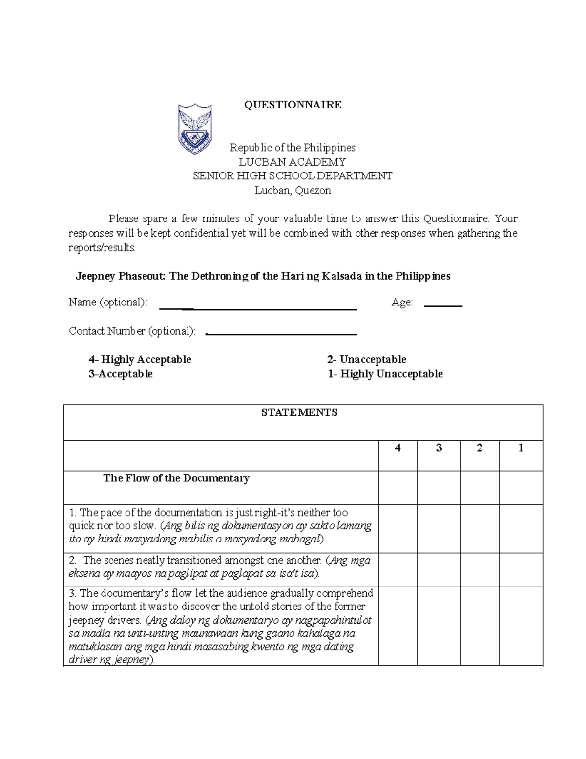 Jeepney Phaseout QuestionnaireQuestionnaire - QUESTIONNAIRE Republic of ...