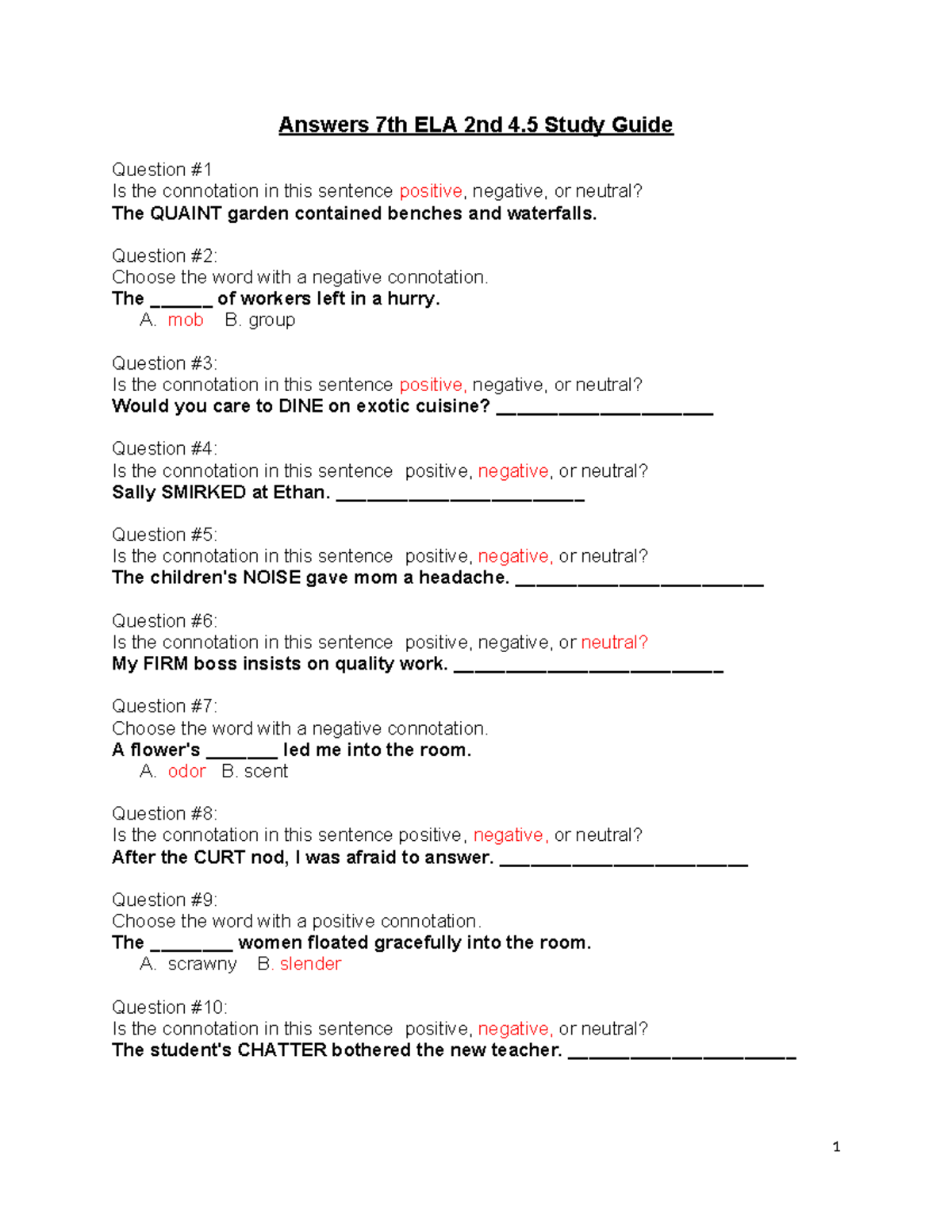 7ELA 2nd 4.5 Study Guide Answer Key 1-27 31-33 - Answers 7th ELA 2nd 4 ...