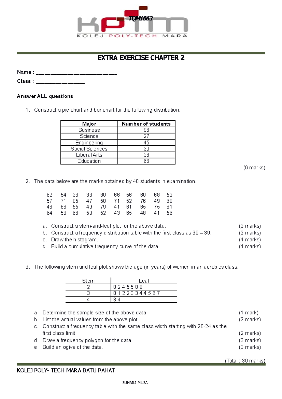 Exercise Chapter 2 - TQM EXTRA EXERCISE CHAPTER 2 Name : ____________________________ Class ...
