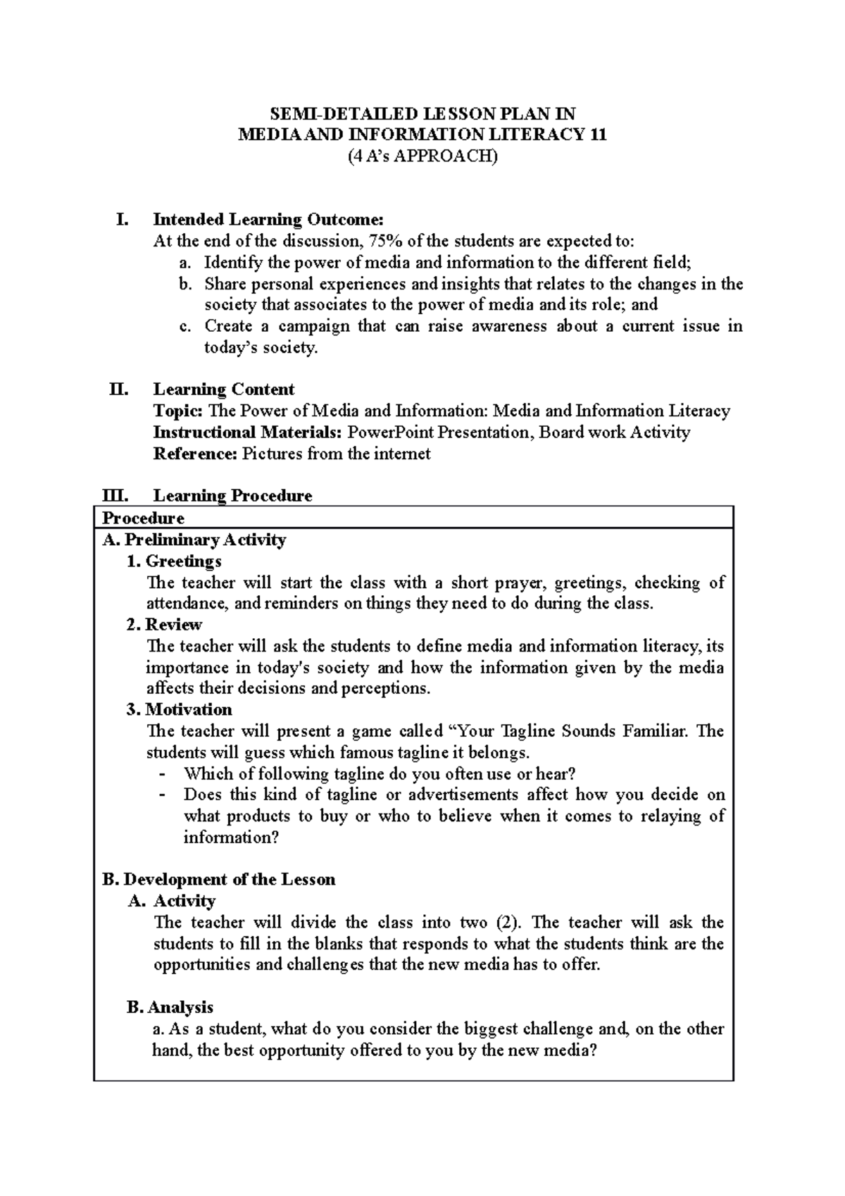 Power of Media and Information - SEMI-DETAILED LESSON PLAN IN MEDIA AND ...