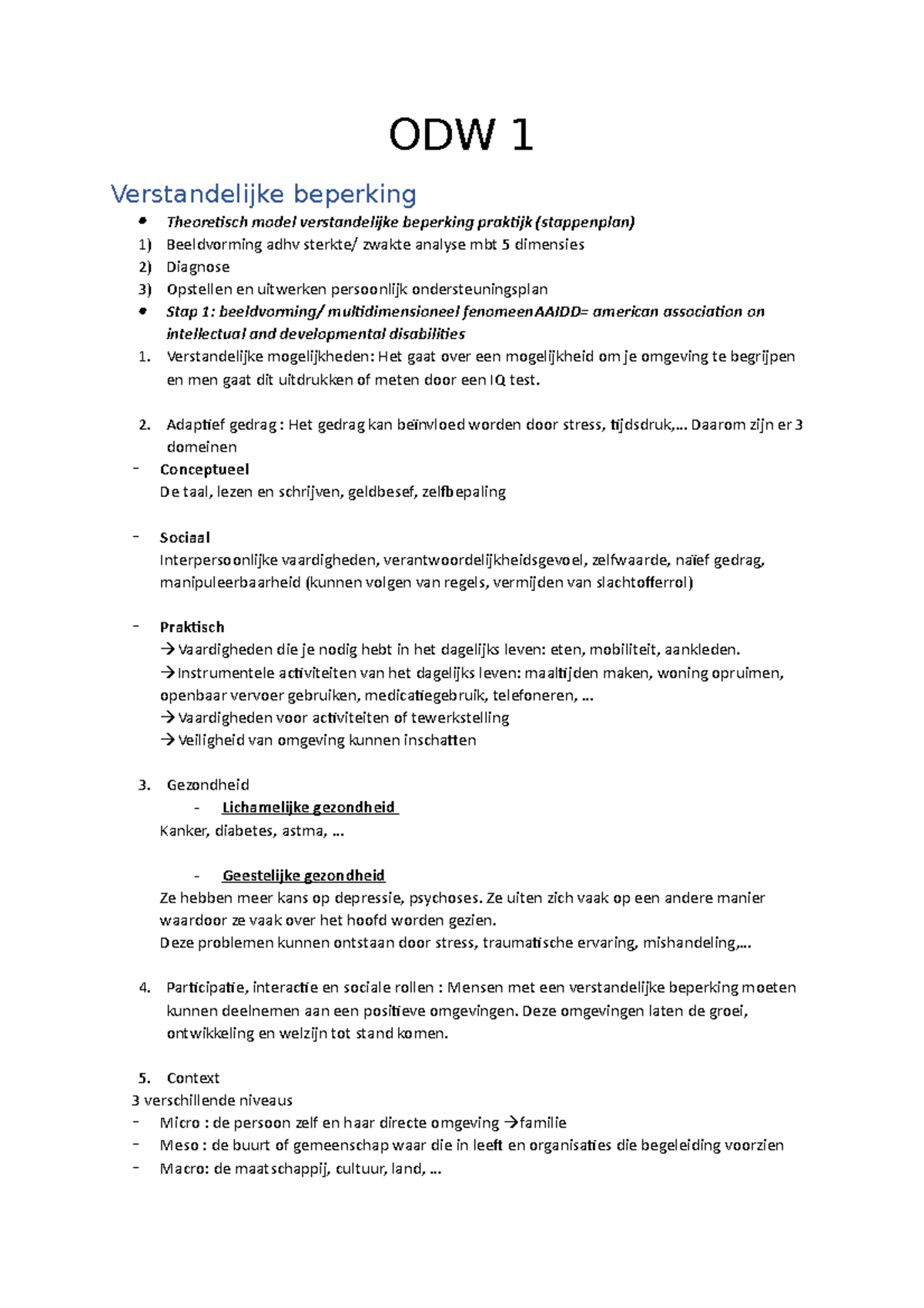 Beknopte herhaling odw 1 - ODW 1 Verstandelijke beperking Theoretisch ...