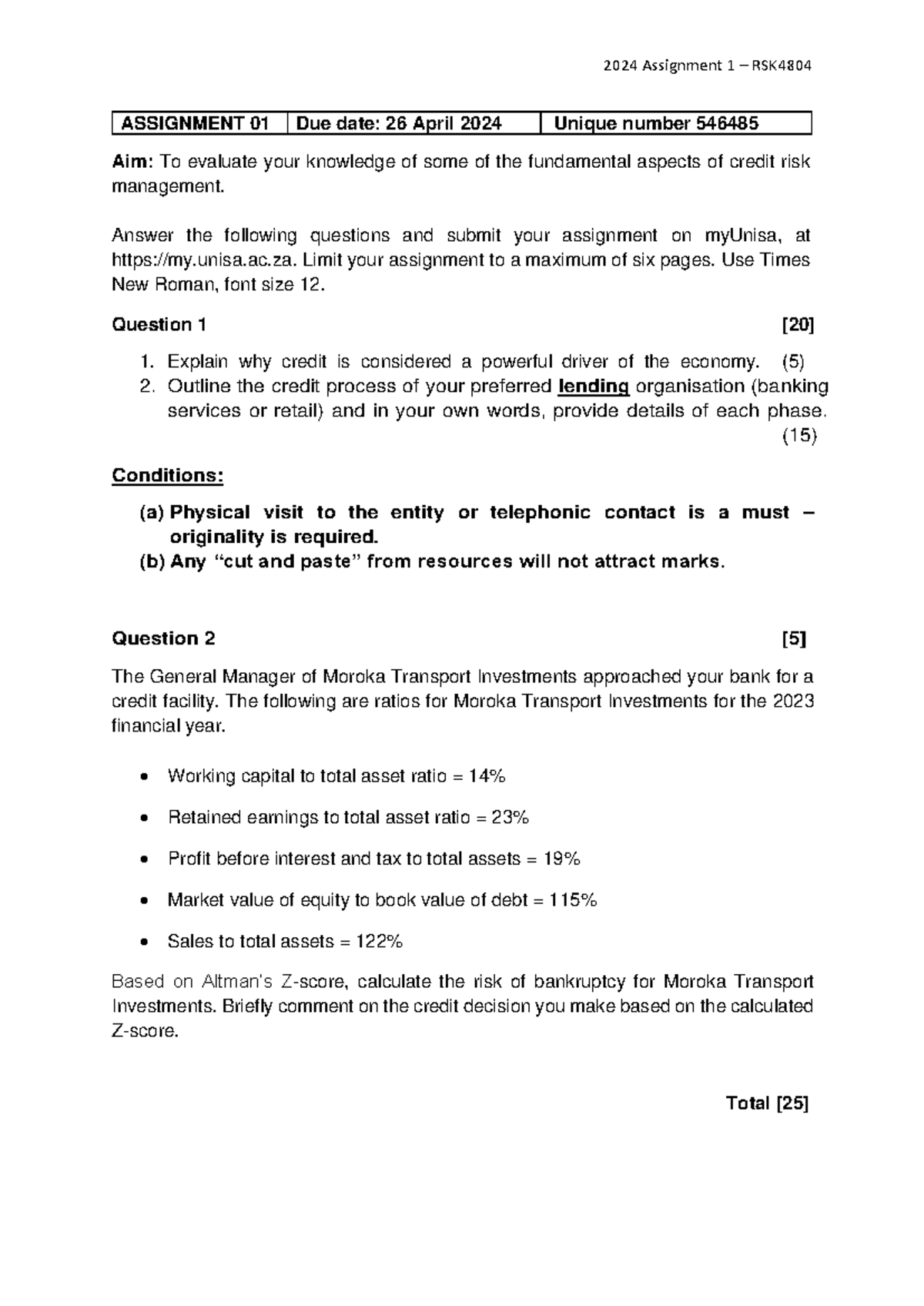Assignment 1 RSK4804 - 2024 Assignment 1 – RSK ASSIGNMENT 01 Due date: 26 April 2024 Unique ...