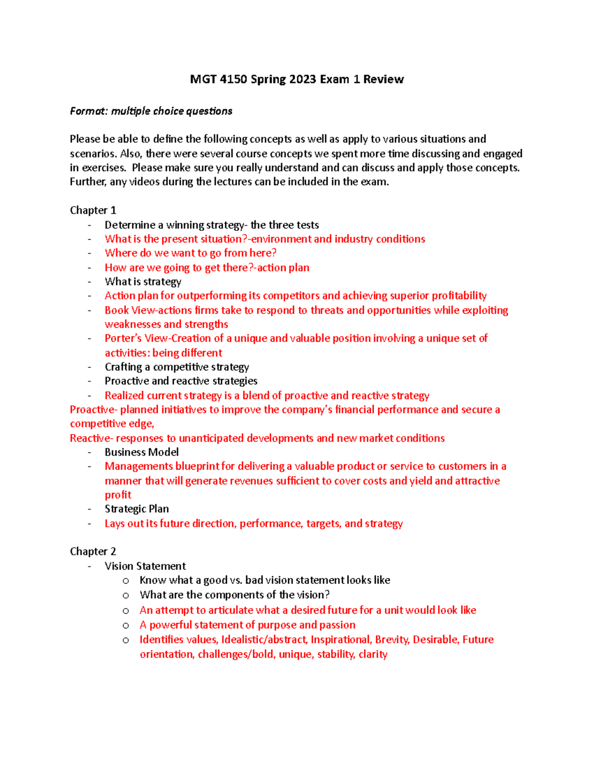 Exam 1 Review Fall - MGT 4150 Spring 2023 Exam 1 Review Format ...