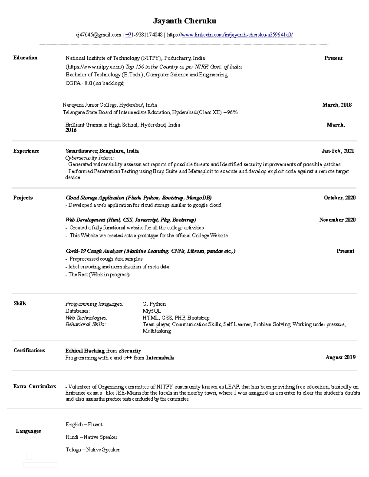 Resume Jayanth - yes - Jayanth Cheruku cj47645@gmail | +91- 9381174848 | - Studocu