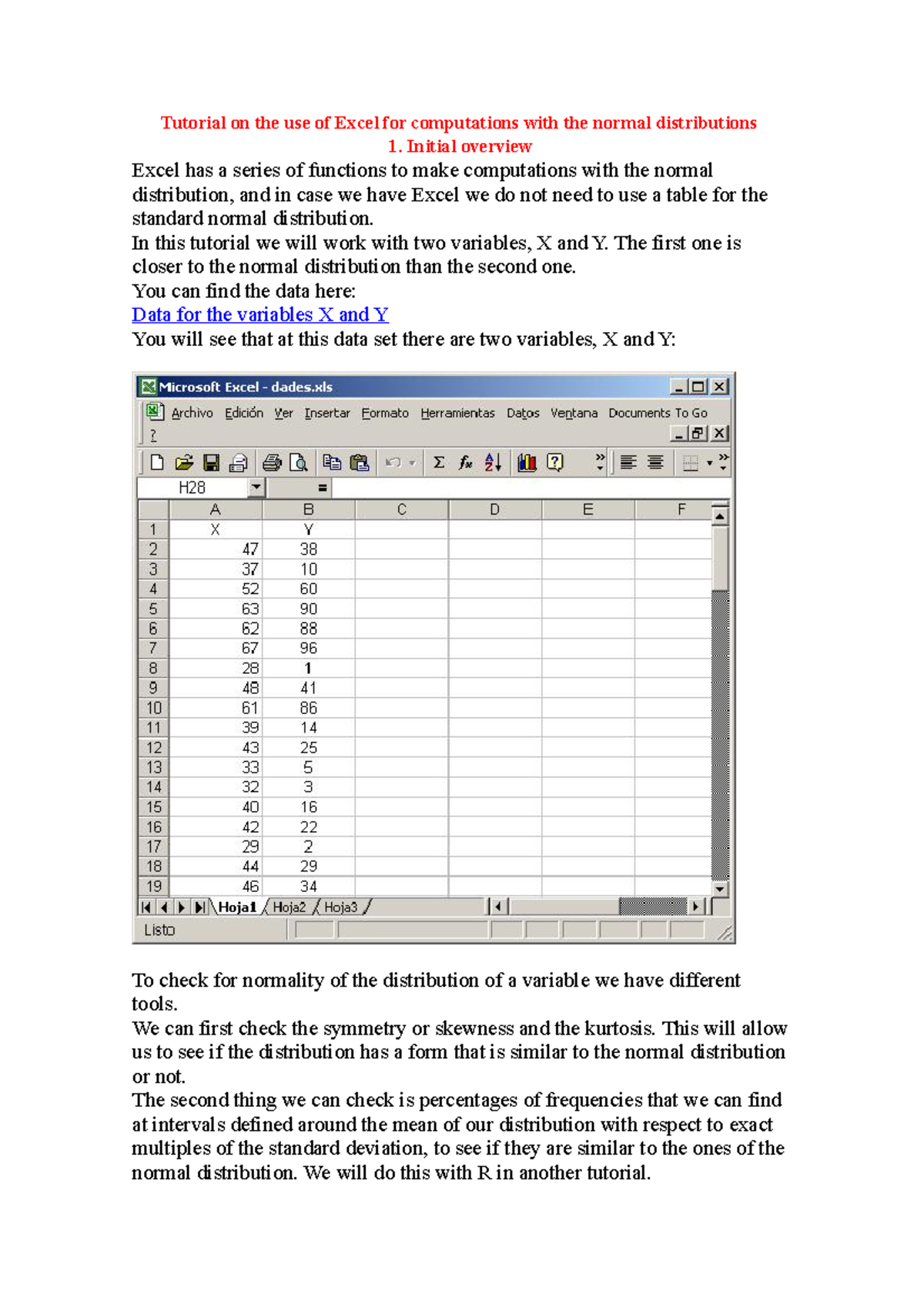 Tutorial On The Use Of Excel For Computations With The Normal Distributions Initial Overview