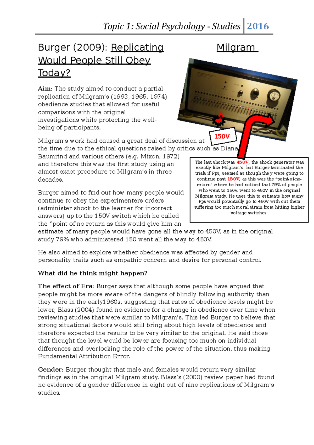 Burger-revision-notes - Burger (2009): Replicating Milgram Would People ...