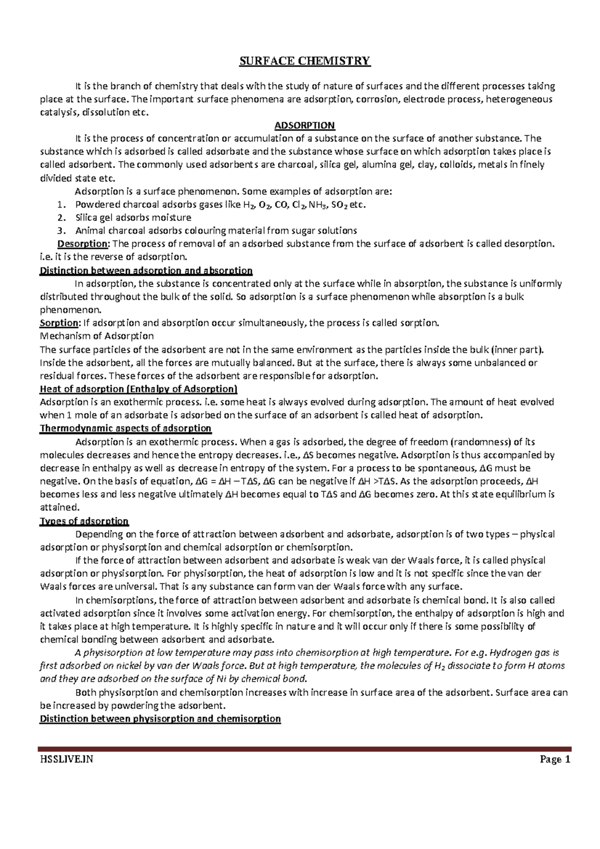 5. Surface chemistry - Notes - SURFACE CHEMISTRY It is the branch of ...