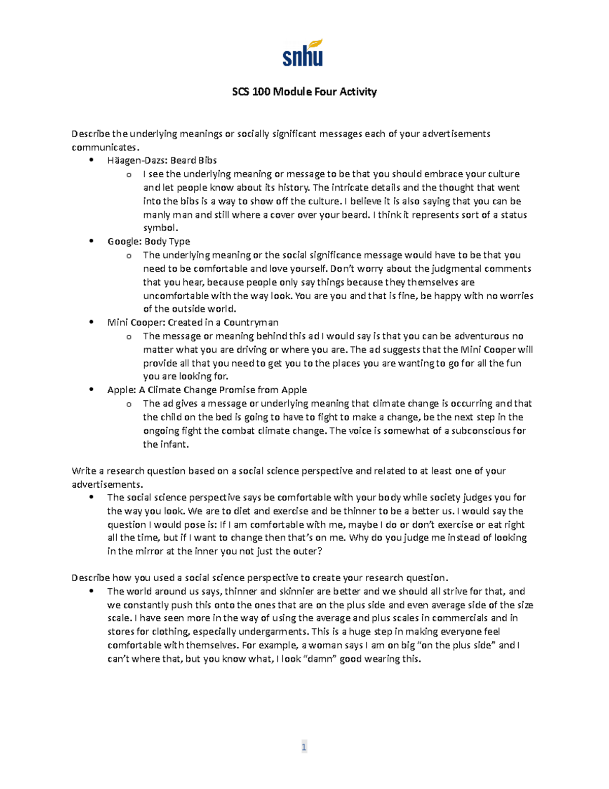 SCS 100 Module Four Activity - SCS 100 Module Four Activity Describe ...