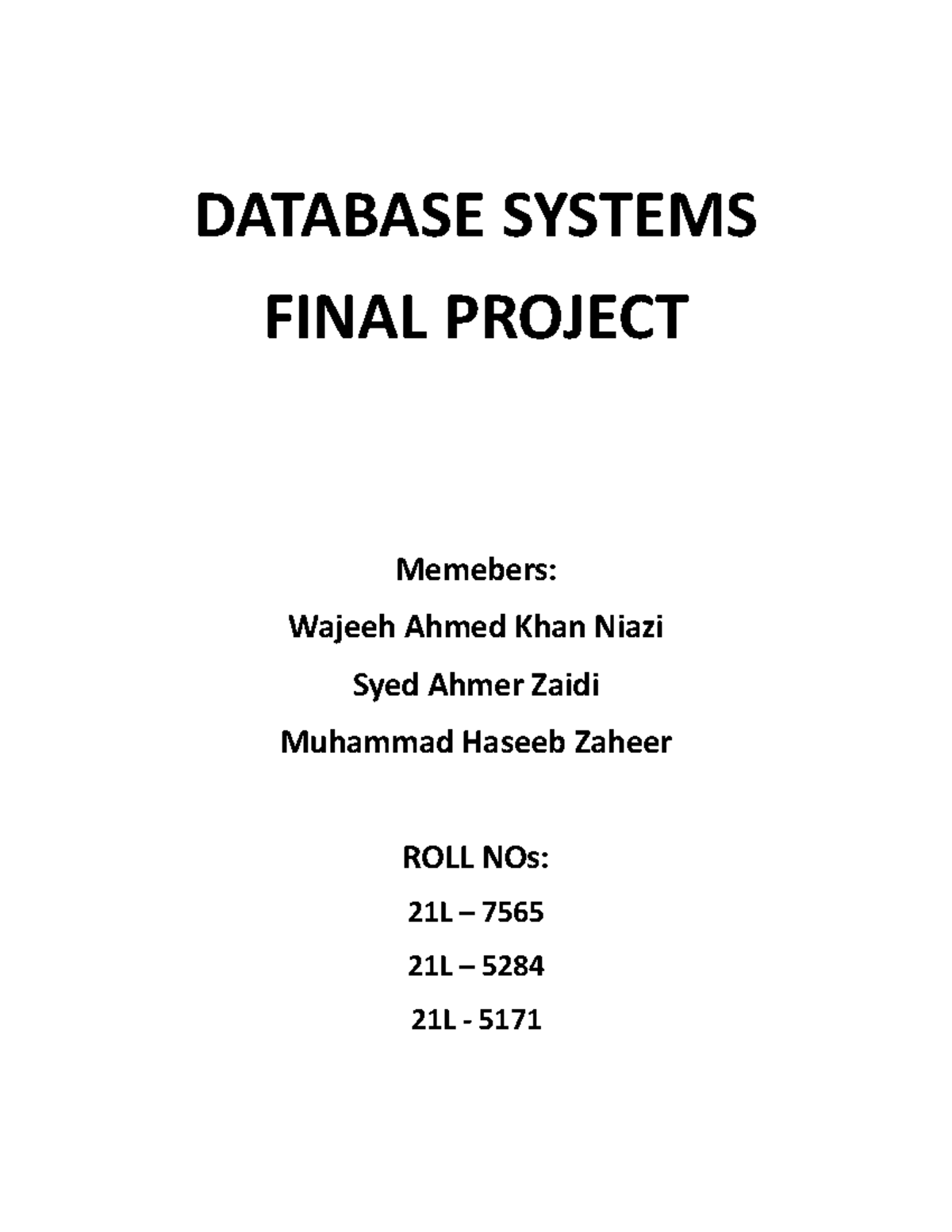 Dbproject Dsa Df S Database Systems Final Project Memebers Wajeeh Ahmed Khan Niazi Syed