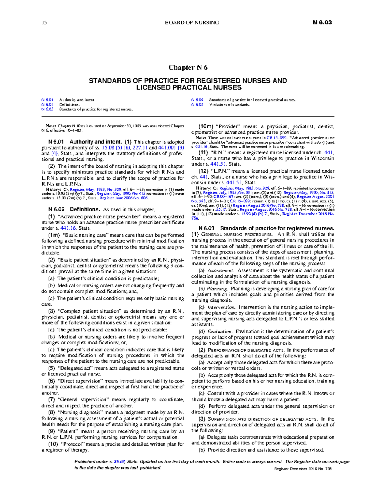 WI Statute Ch. N6- Standards of Practice for RN and LPN - 15 BOARD OF ...