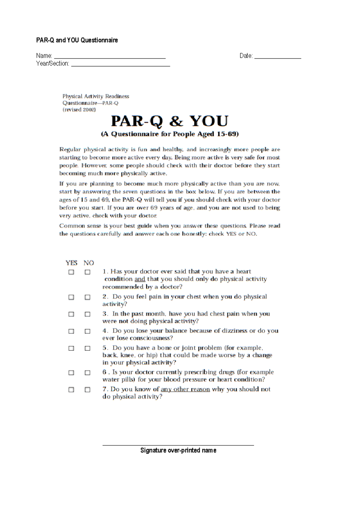 PARQ - For PATHFIT - and YOU Questionnaire Name: Date: Physical ...
