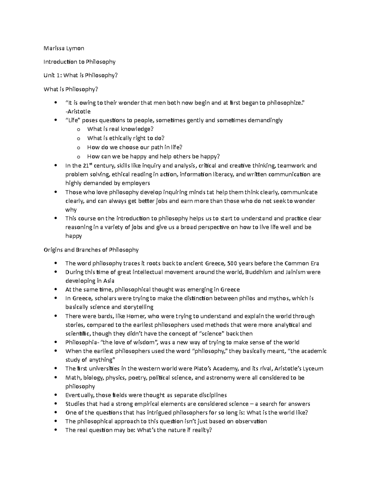 What is Philosophy - Marissa Lymon Introduction to Philosophy Unit 1 ...