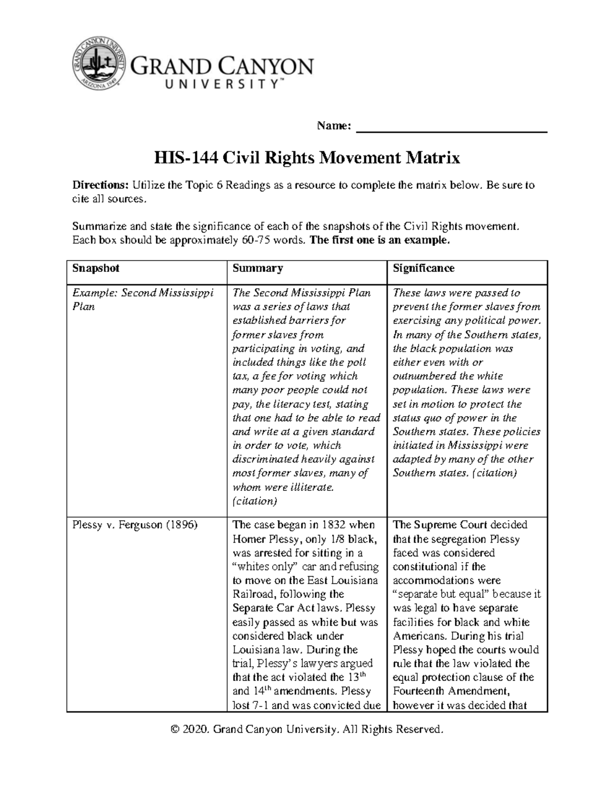 HIS-144-T6 Civil Rights Movement Matrix Online - © 2020. Grand Canyon ...