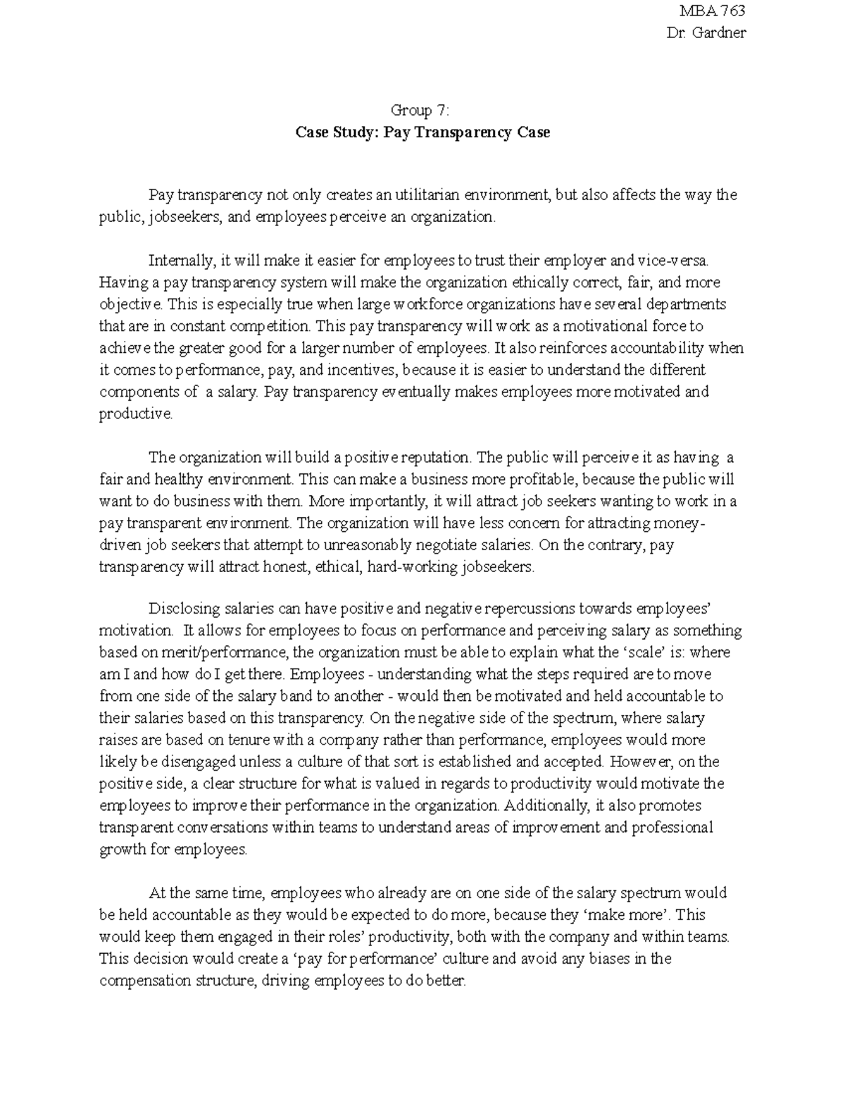 Case Study Pay Transparency Case - MBA 763 Dr. Gardner Group 7: Case ...