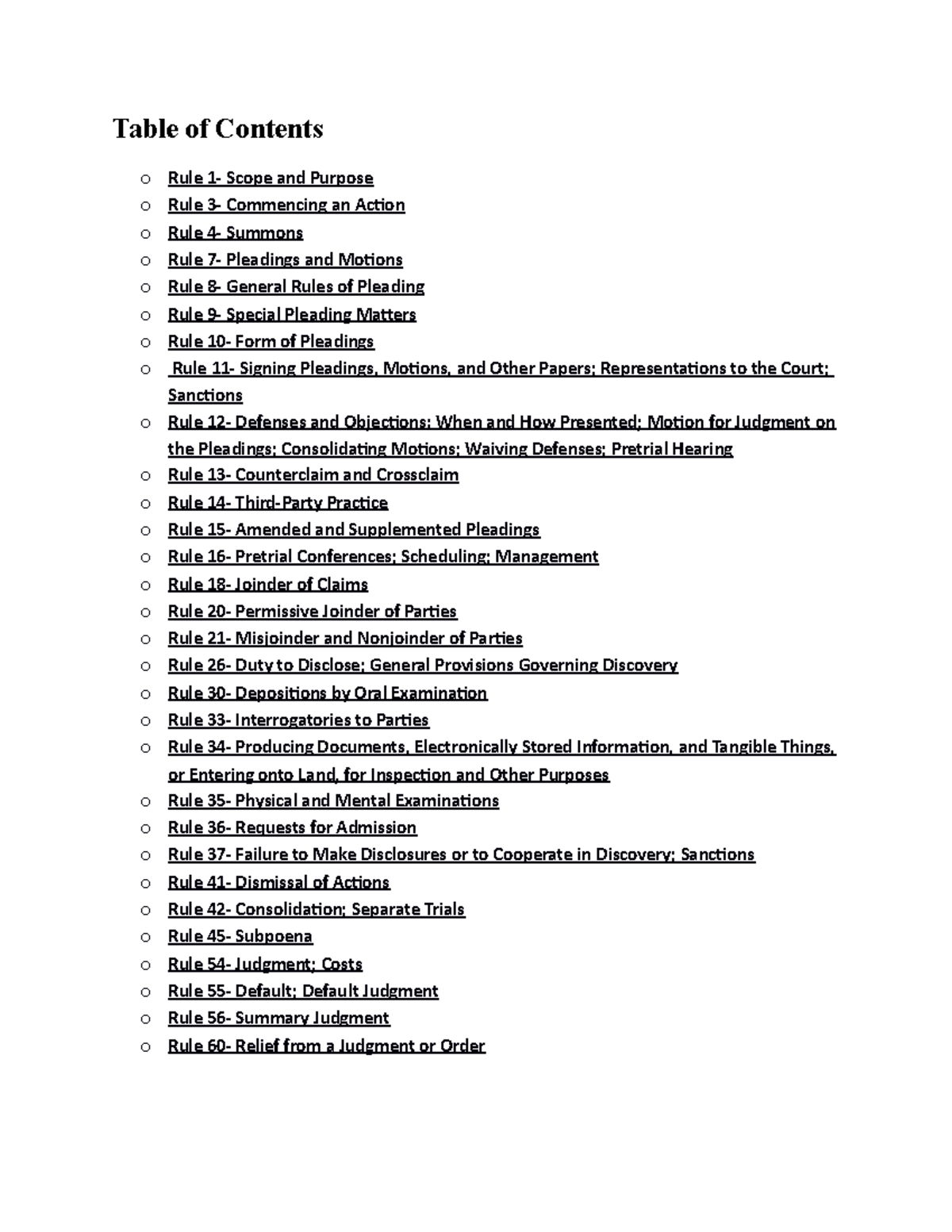 Civ Pro 1Reading Excerpts with Hyperlinks - Table of Contents o Rule 1 ...