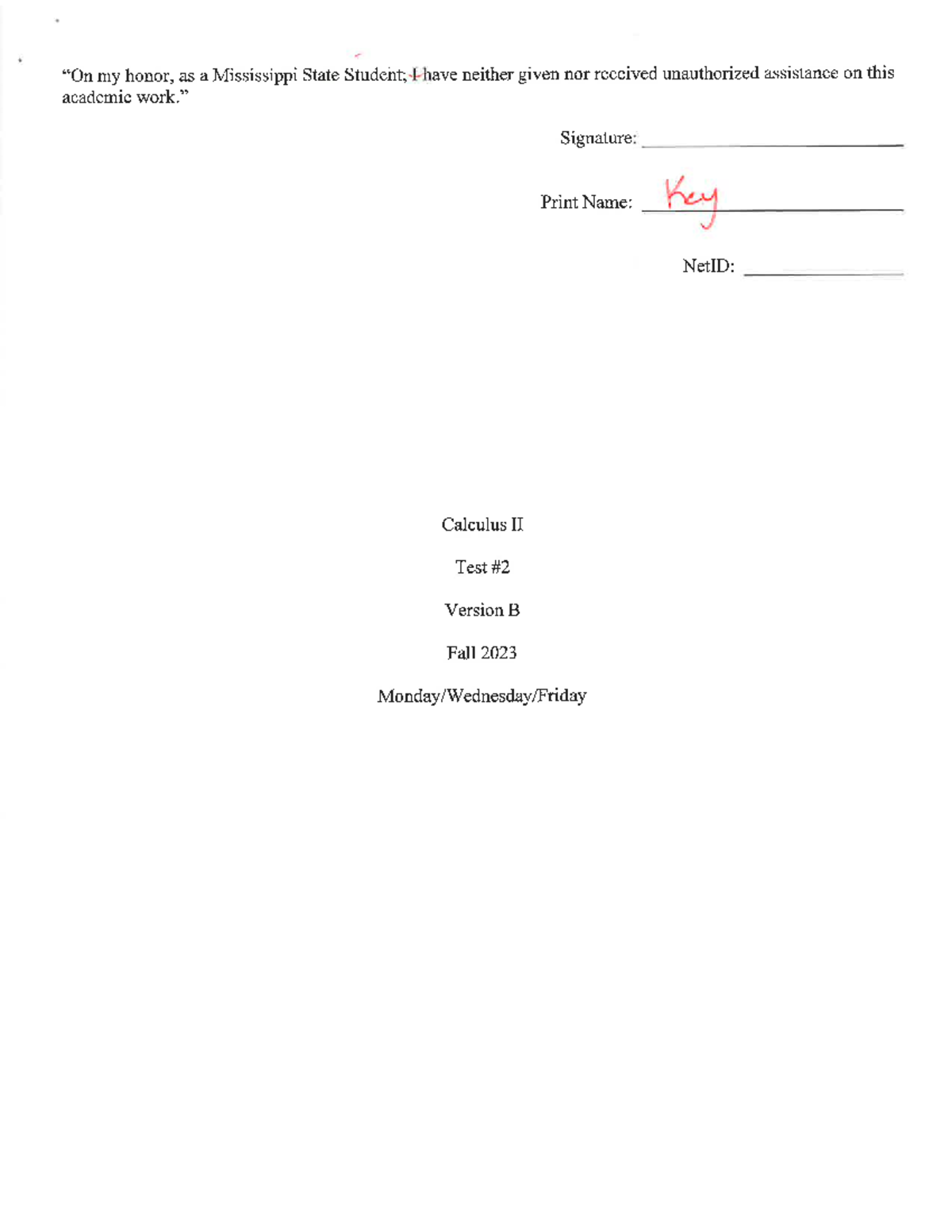 Test 2 Version B KEY - calc 2 test 2 - my honor, as a Mississippi State ...