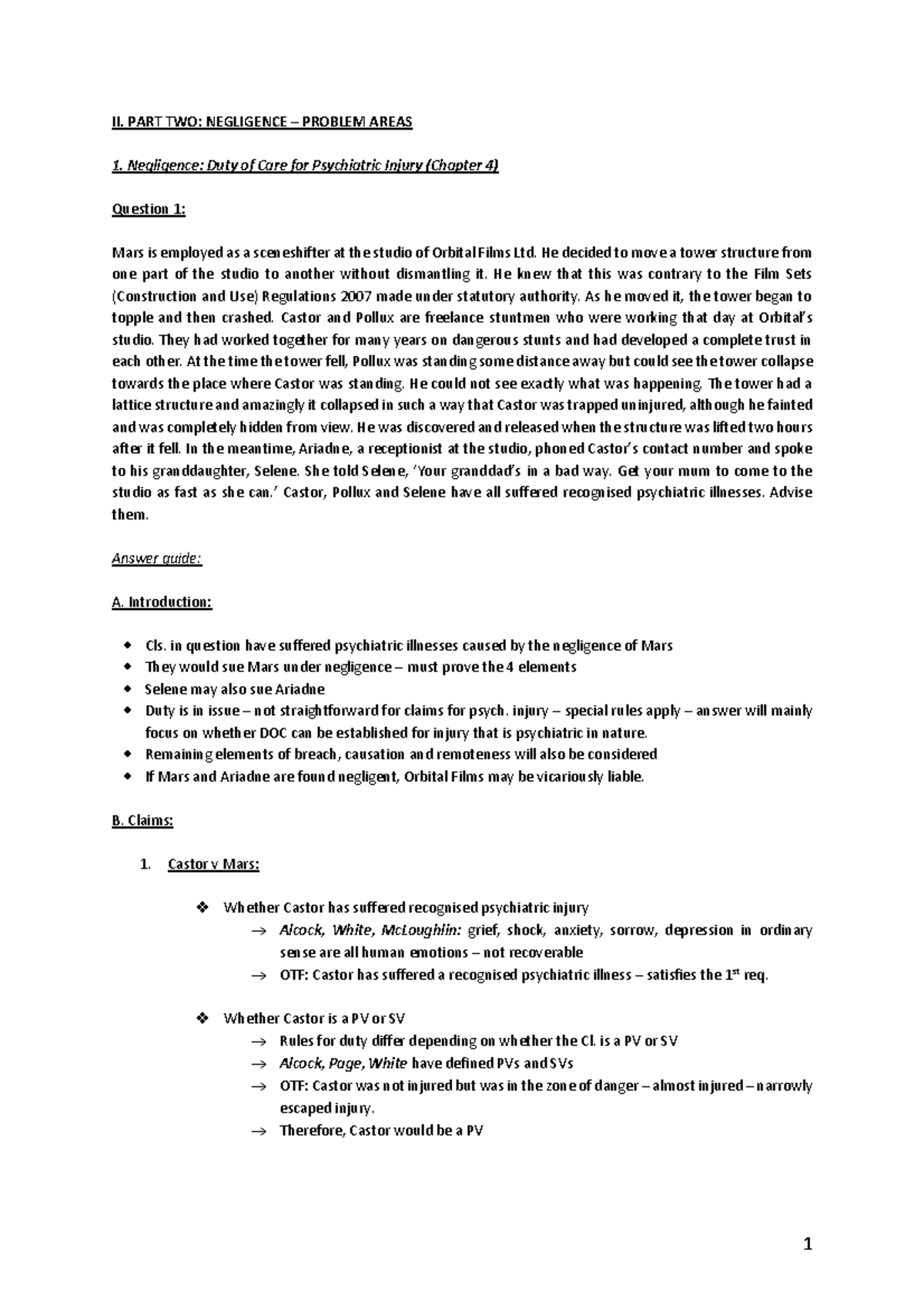 Part 2 - Q&A for Psychiatric & PEL - II. PART TWO: NEGLIGENCE – PROBLEM ...