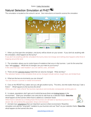 Natural Selection Simulation (PHET)-2 - Name: Kailey Hernandez Natural ...
