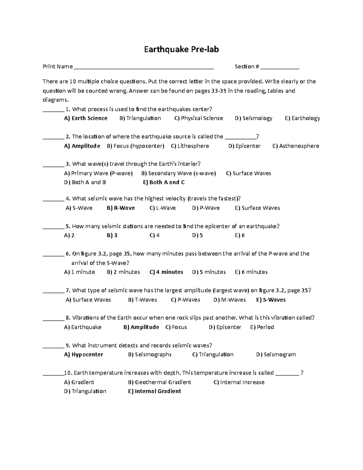 Earthquake Pre-lab - Quiz - Earthquake Pre-lab Print Name Section ...