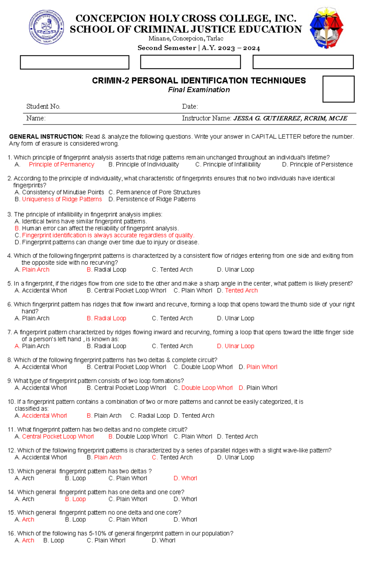 Crimin 2 Final Exam - CONCEPCION HOLY CROSS COLLEGE, INC. SCHOOL OF ...