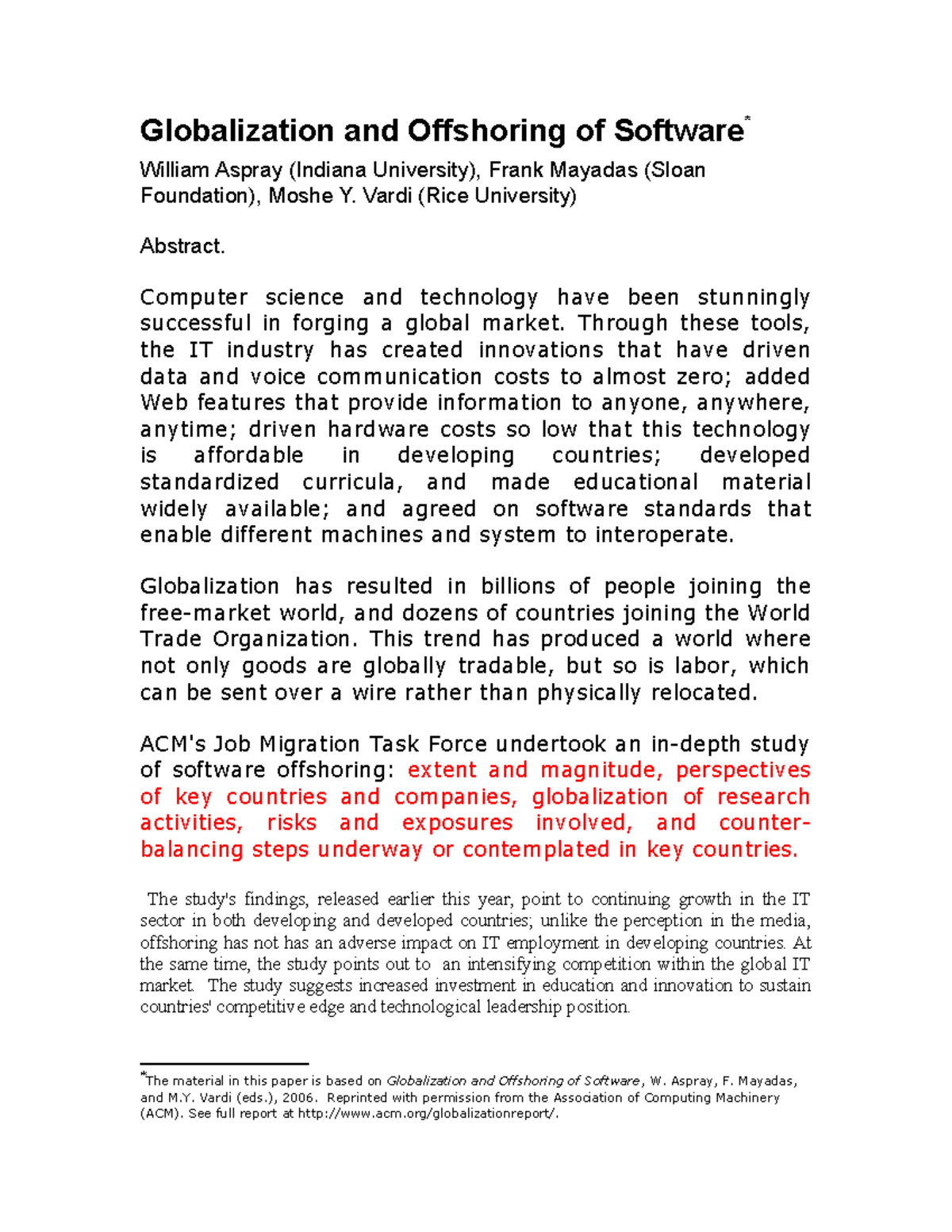 Globalization 07 - Globalization and Offshoring of Software * William ...