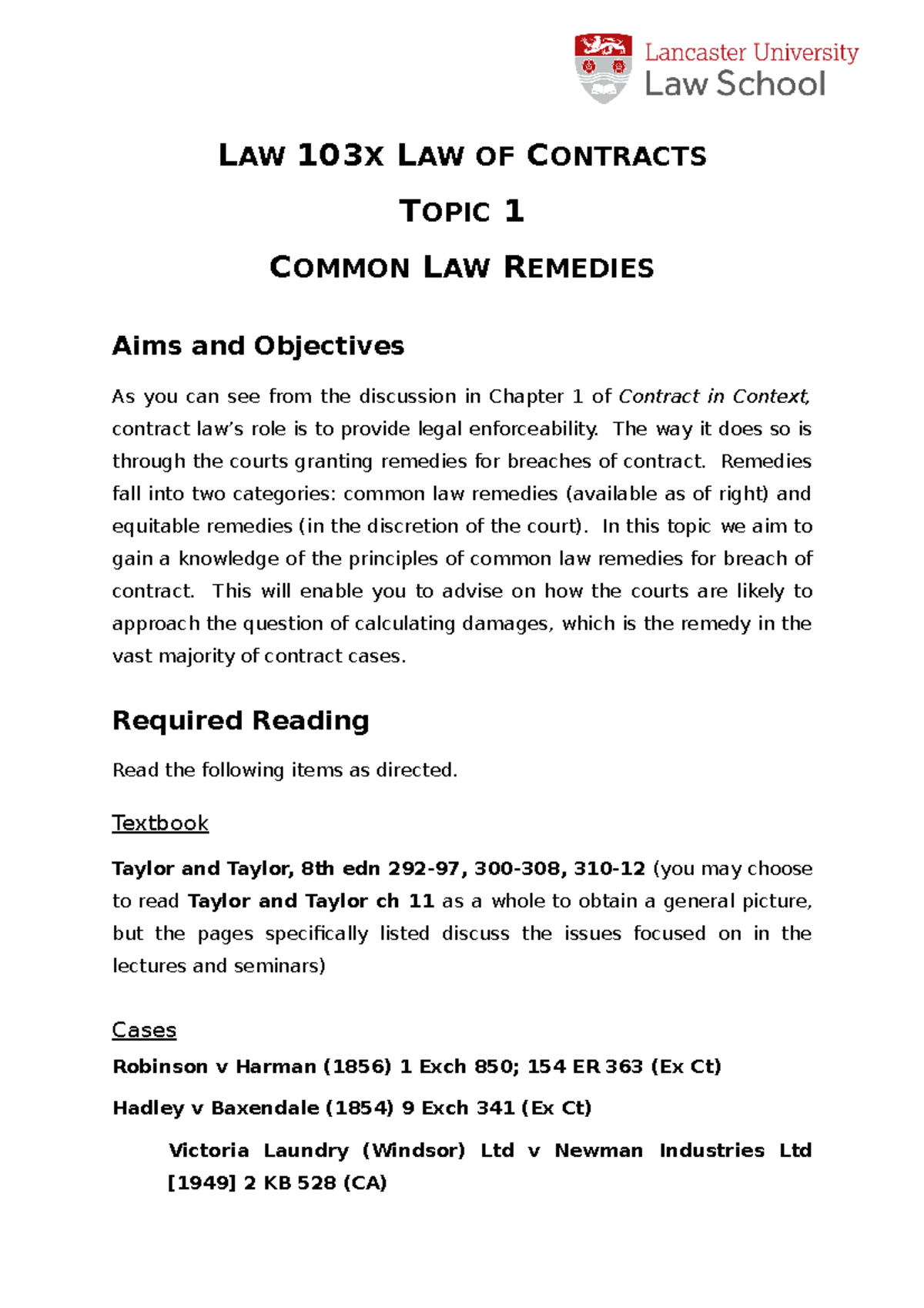 Topic 1 - Common Law Remedies - LAW 103 X LAW OF CONTRACTS TOPIC 1 ...