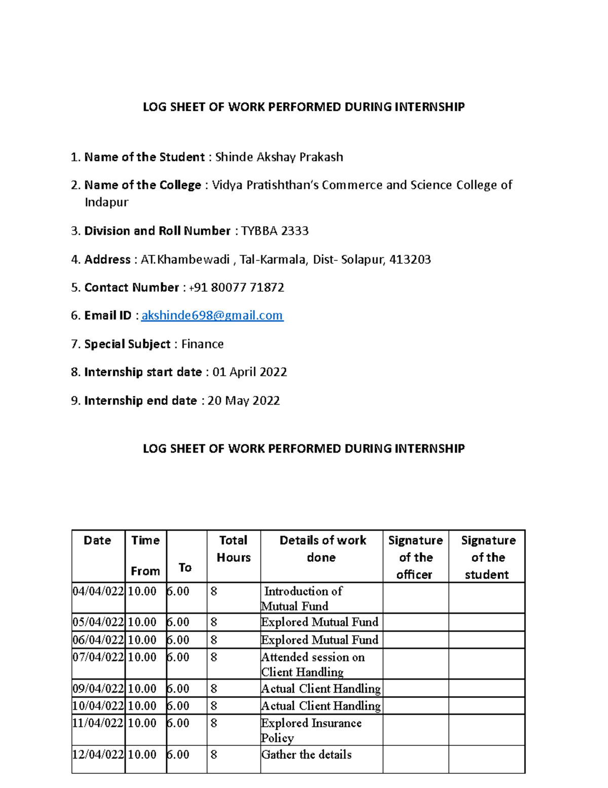 Document (13) - Project - LOG SHEET OF WORK PERFORMED DURING INTERNSHIP ...
