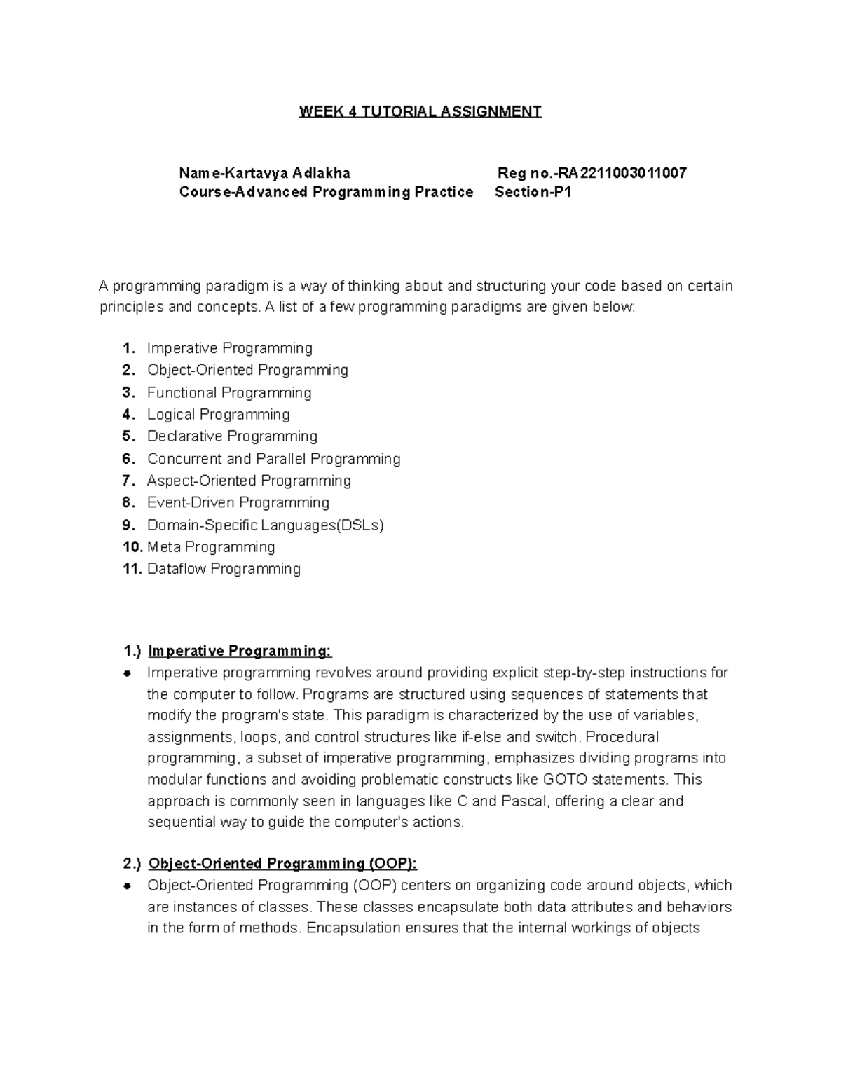 Week4 Assignment - Assingmeny - WEEK 4 TUTORIAL ASSIGNMENT Name-Kartavya Adlakha Reg no.-RA ...
