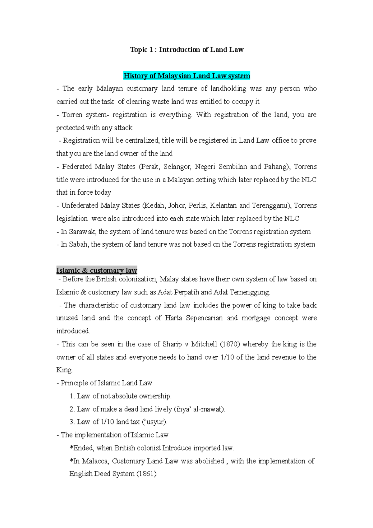 Topic 1 History Of Malaysian Land Law System Topic 1 Introduction