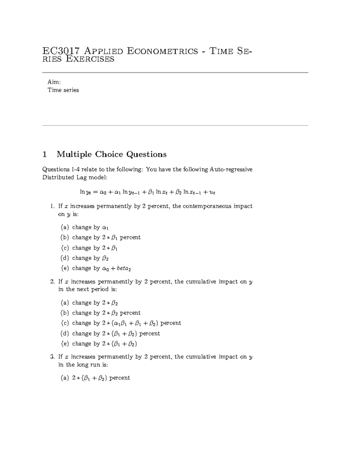 Week 9 - Time Series Tutorial Exercises - EC3017 Applied Econometrics - Time Se- ries Exercises ...