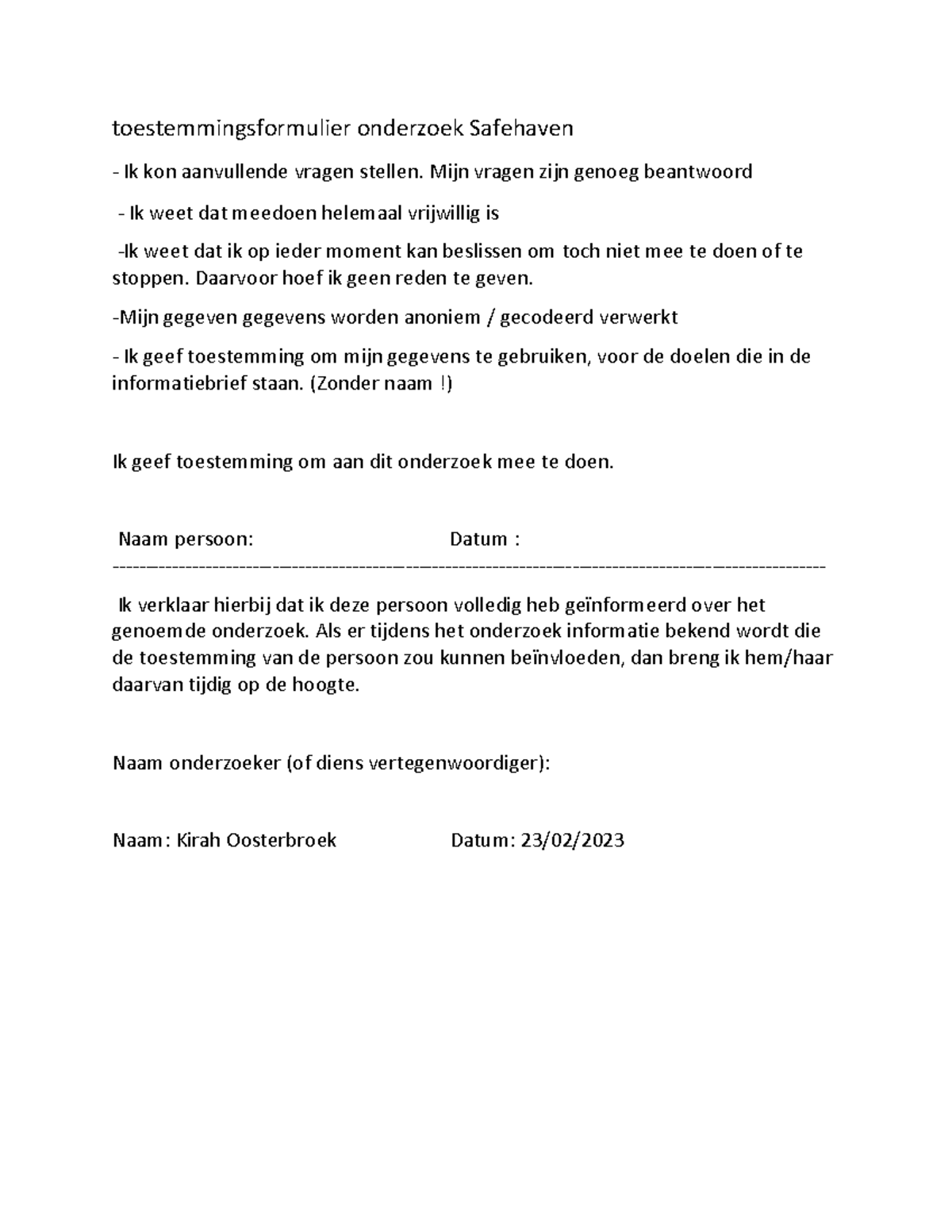 Toestemmings forumulier - toestemmingsformulier onderzoek Safehaven Ik ...