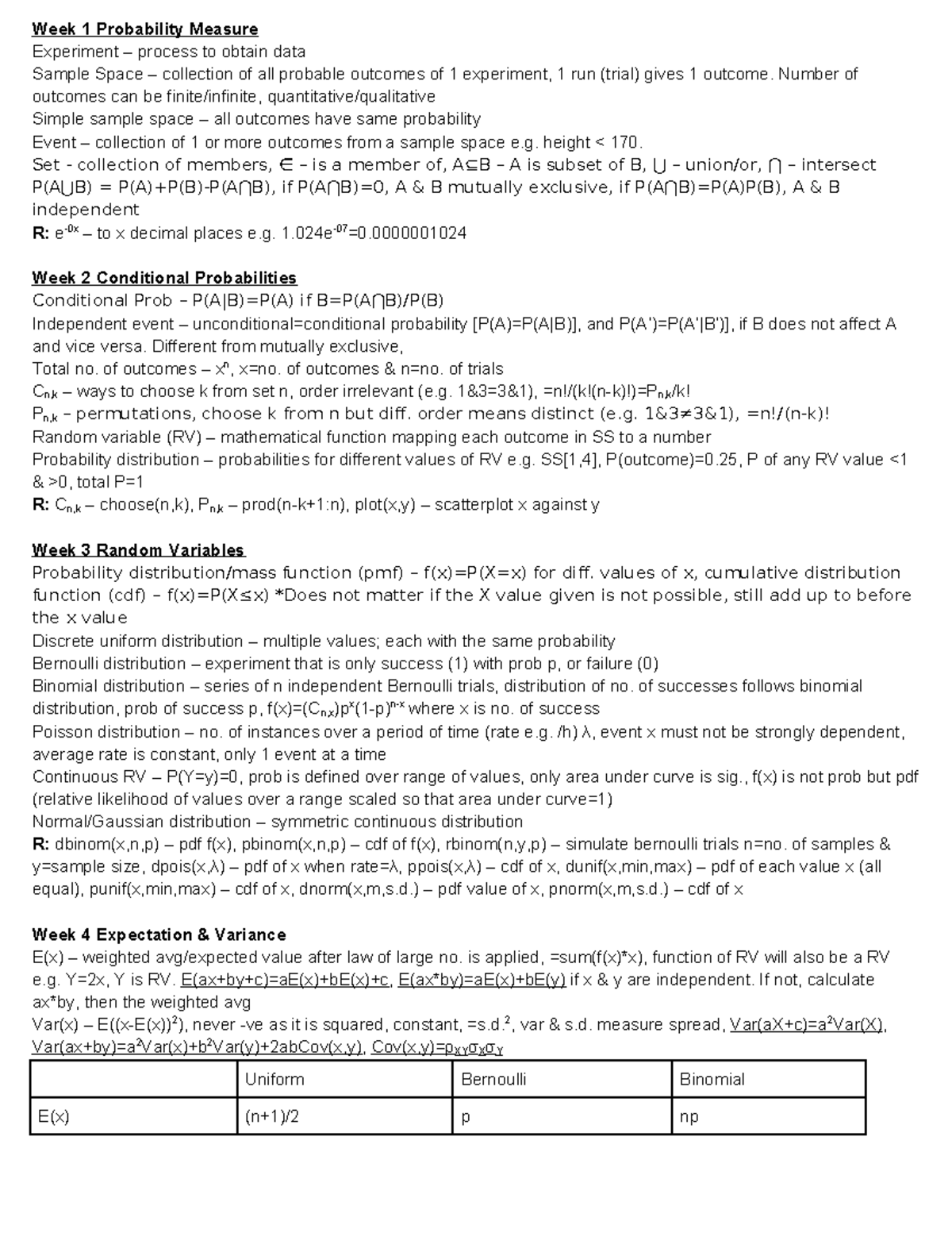 AB1202 Cheat Sheet W1-W5 - Week 1 Probability Measure Experiment ...