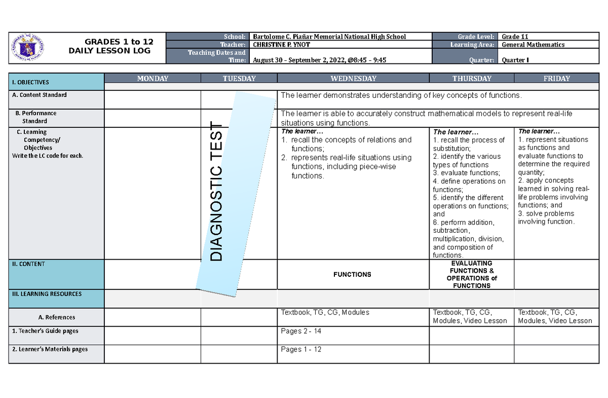DLL-Gen Math Q 1-W1 - General Mathematics - GRADES 1 to 12 DAILY LESSON ...