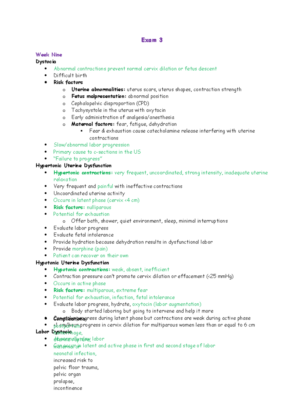 ob notes for exam - Exam 3 Week Nine Dystocia Abnormal contractions ...