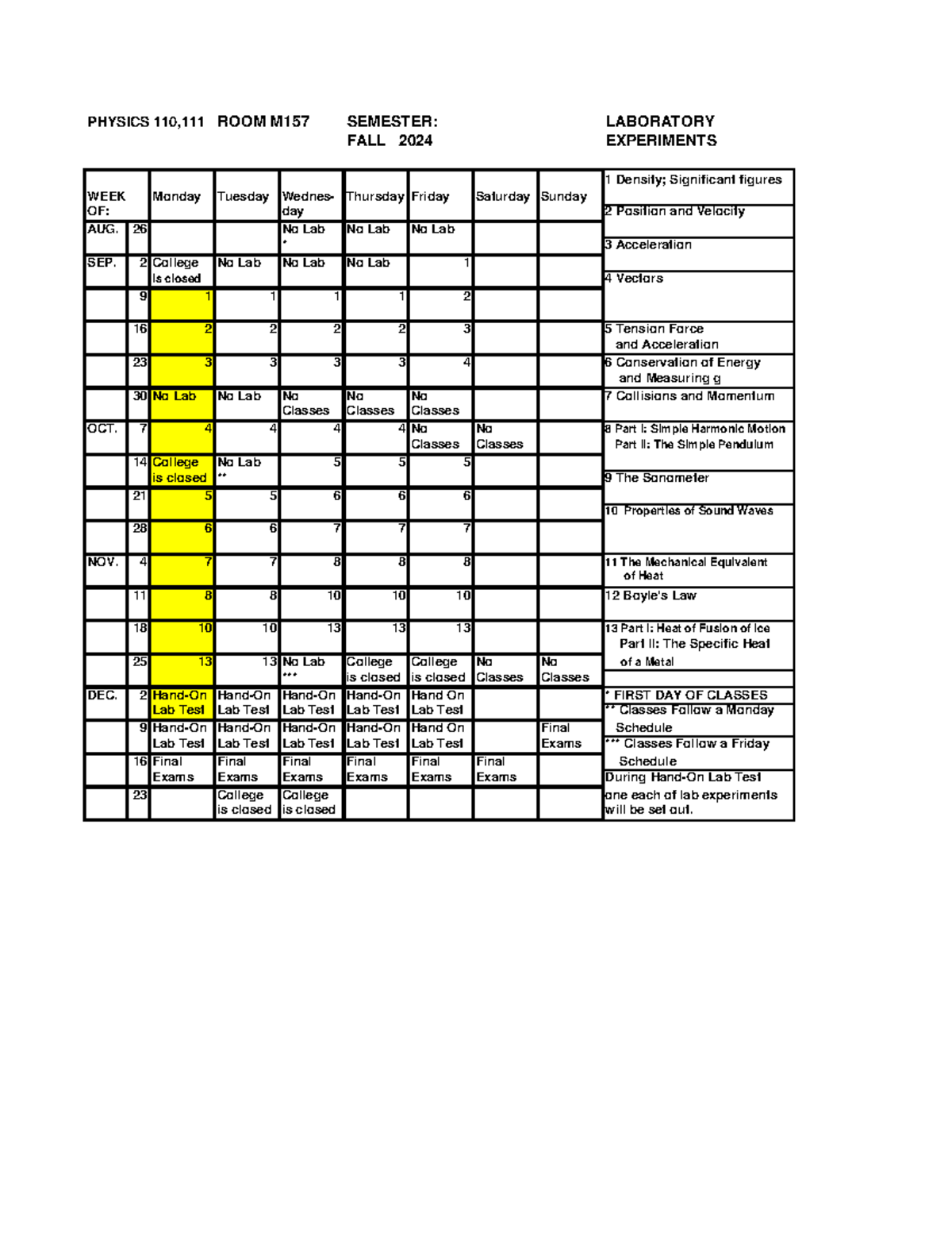Phys Fall24 Lab Schedule - PHYSICS 110,111 ROOM M157 SEMESTER ...