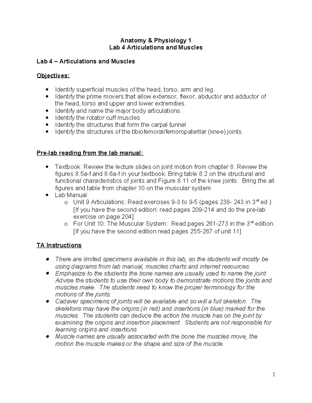 TA Lab 4 Muscle - Summary Biology - Anatomy & Physiology 1 Lab 4 ...