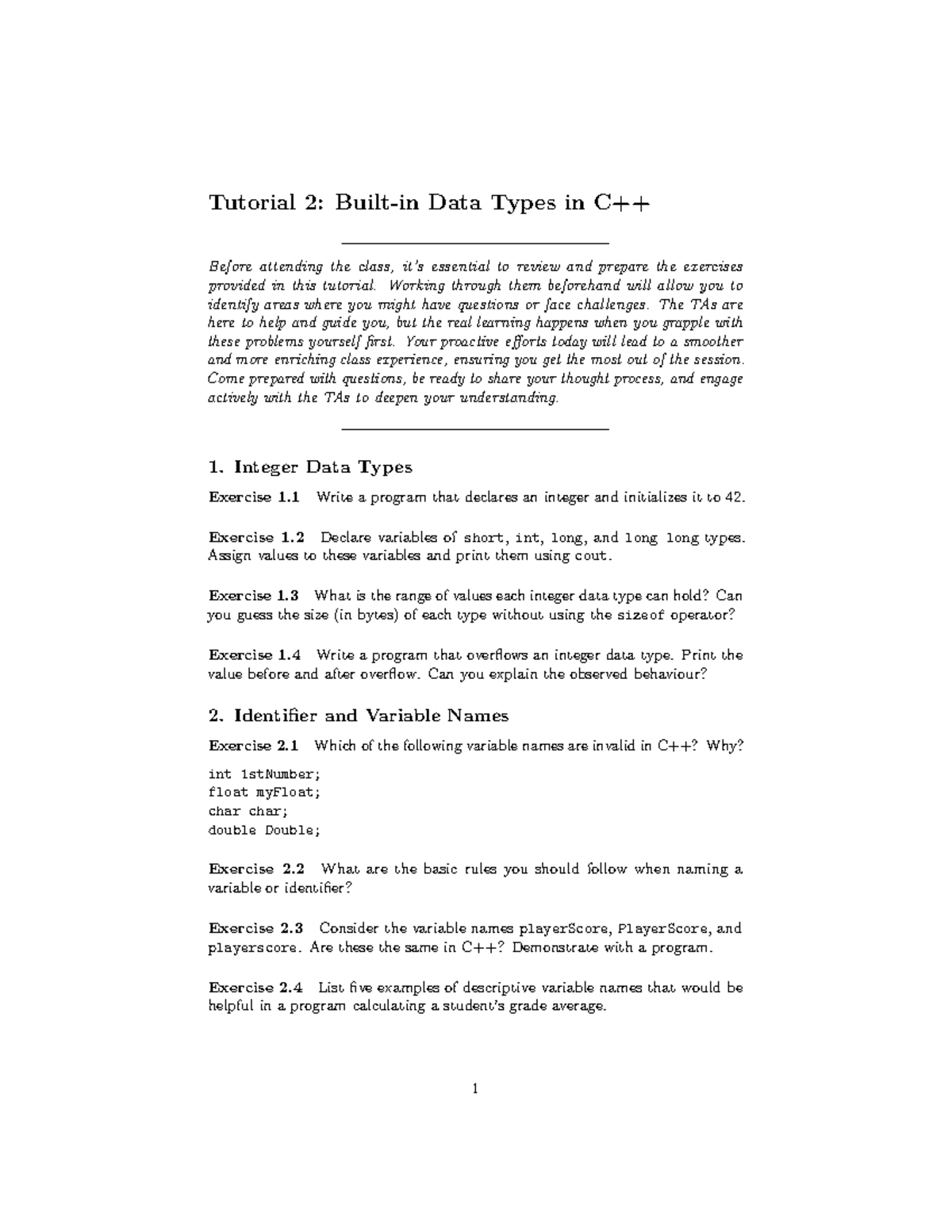 Tutorial 2 Questions - Tutorial 2: Built-in Data Types in C++ Before ...