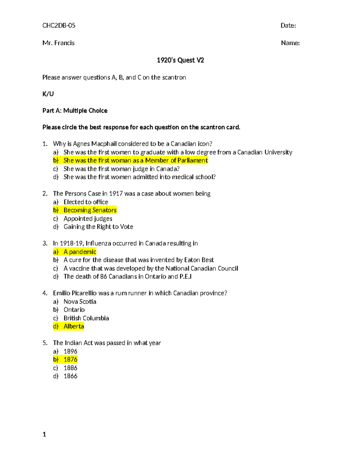 History Quest for 1920s - CHC2DB-05 Date: Mr. Francis Name: 1920’s ...