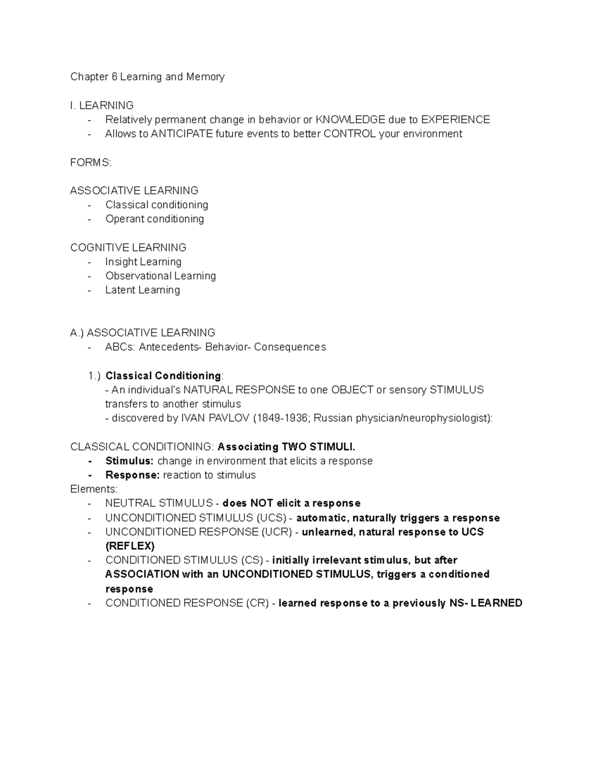 Intro to Psychology Reviewer - Chapter 6 Learning and Memory I. LEARNING - Relatively permanent ...