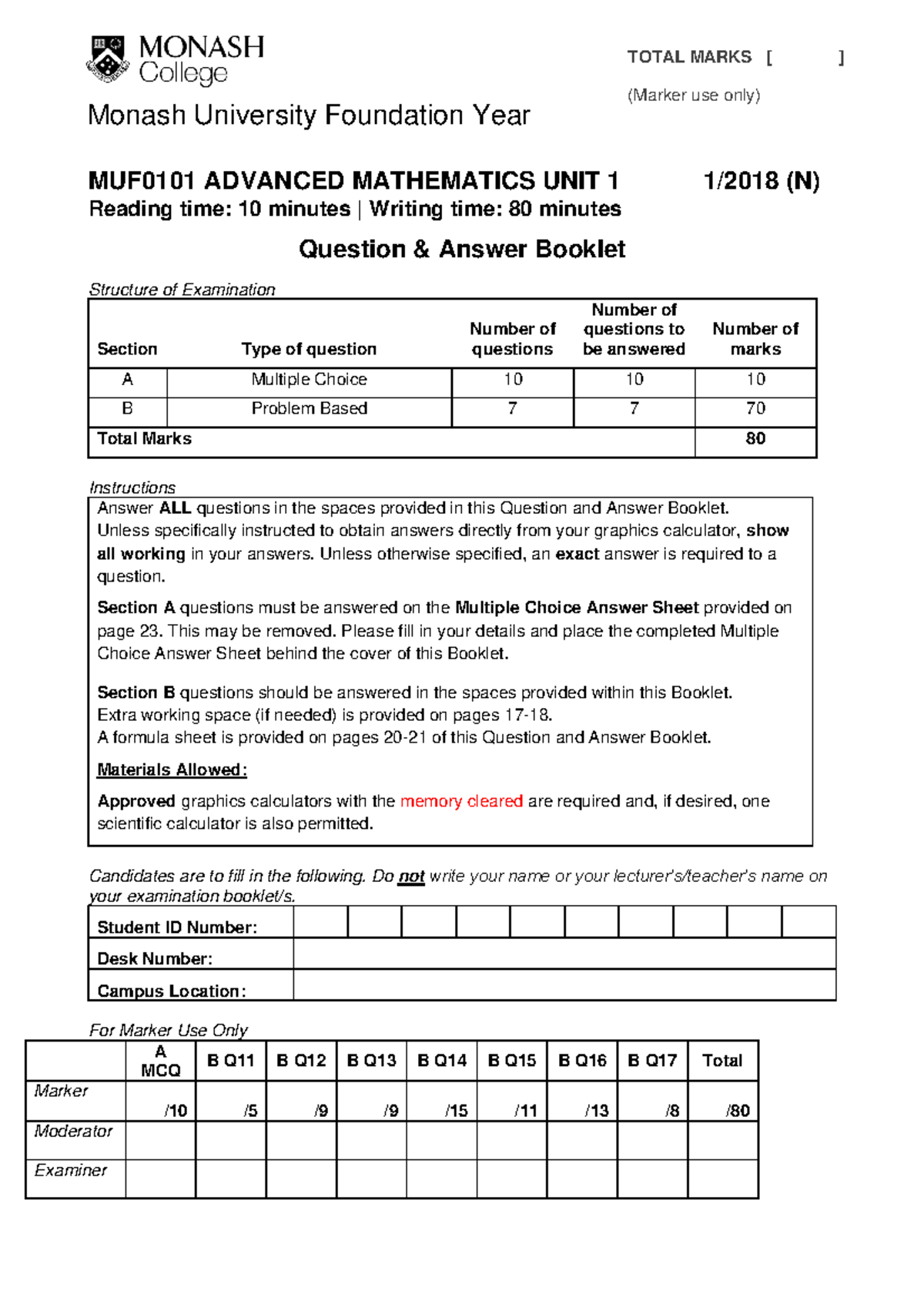 Advanced Maths Unit 1 Sample Exam V1 Solutions - MUF0101 ADVANCED ...