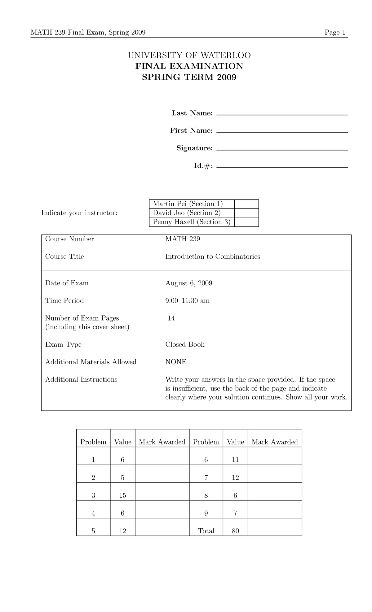 09s - cs115 - UNIVERSITY OF WATERLOO FINAL EXAMINATION SPRING TERM 2009 ...