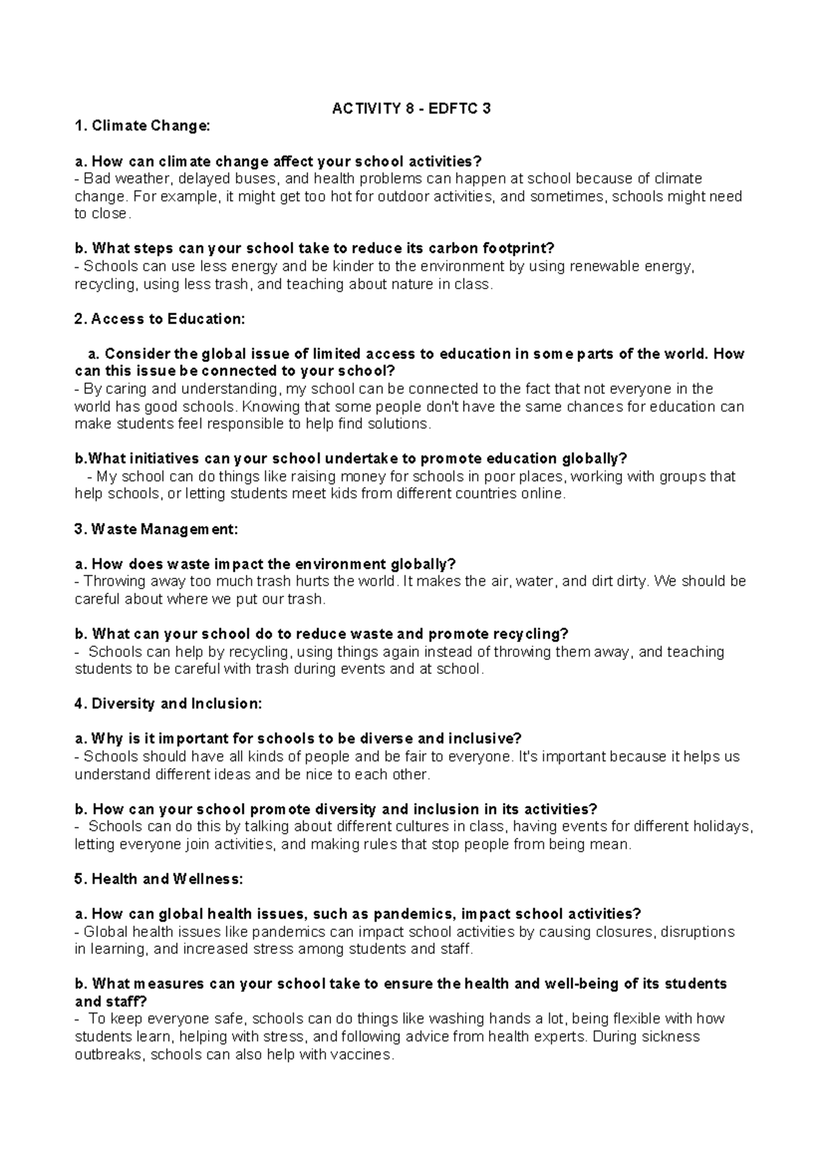 Activity 8 - notes - ACTIVITY 8 - EDFTC 3 Climate Change: a. How can ...