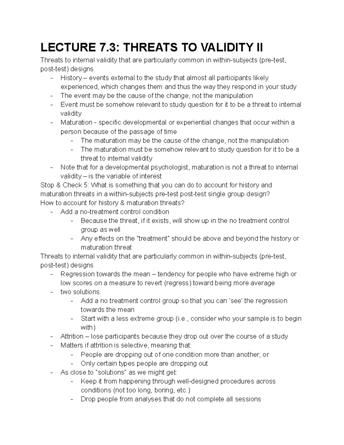 PSY10A L7.3 notes - LECTURE 7: THREATS TO VALIDITY II Threats to ...