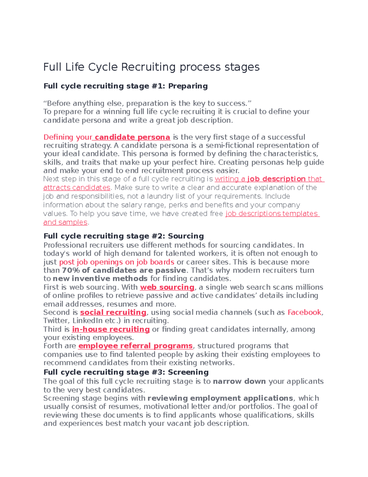 Full Life Cycle Recruiting process stages - ” To prepare for a winning ...