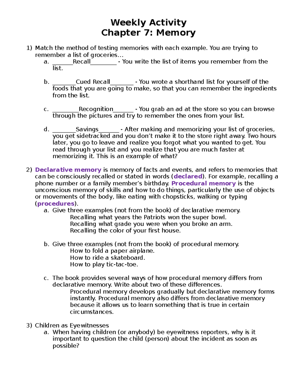 Ch. 7 Weekly Activity - Weekly Activity Chapter 7: Memory 1) Match the ...