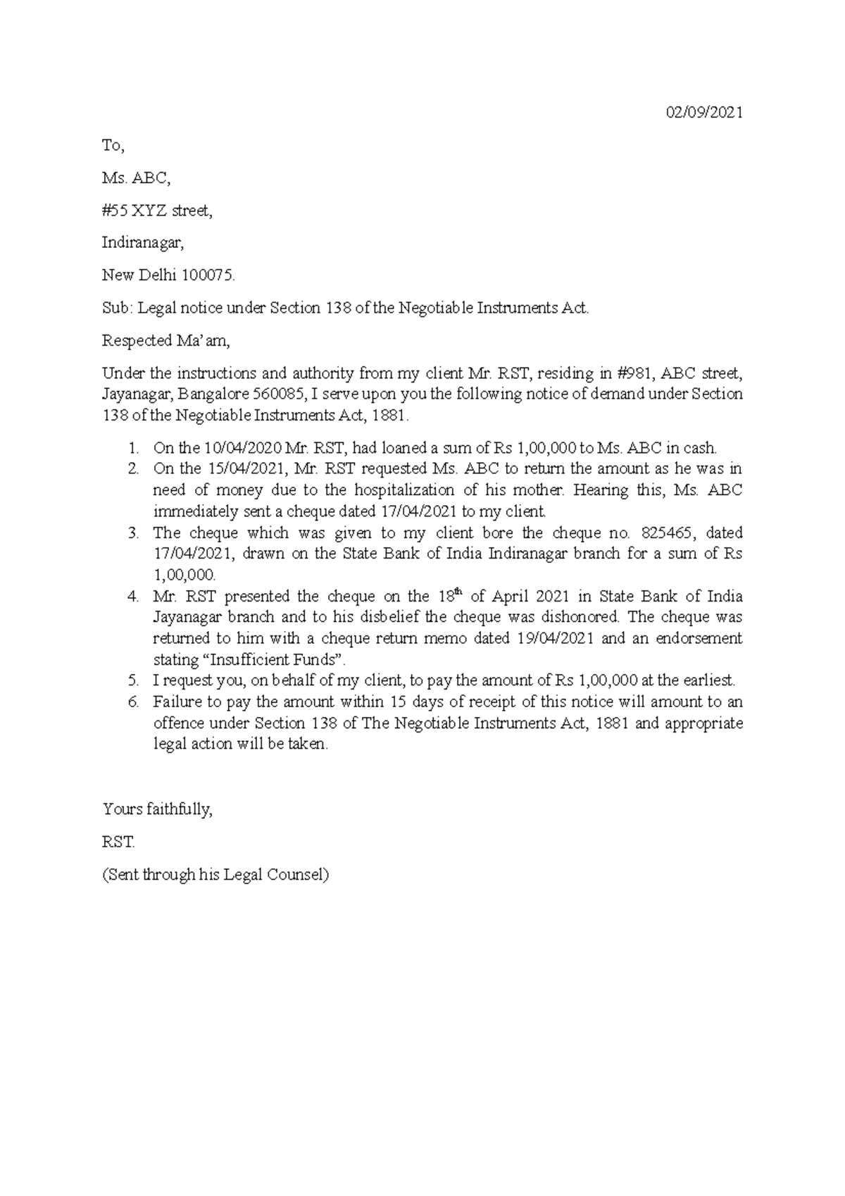 Legal Notice FOR Cheque Bounce 02 09 To Ms ABC 55 XYZ Street