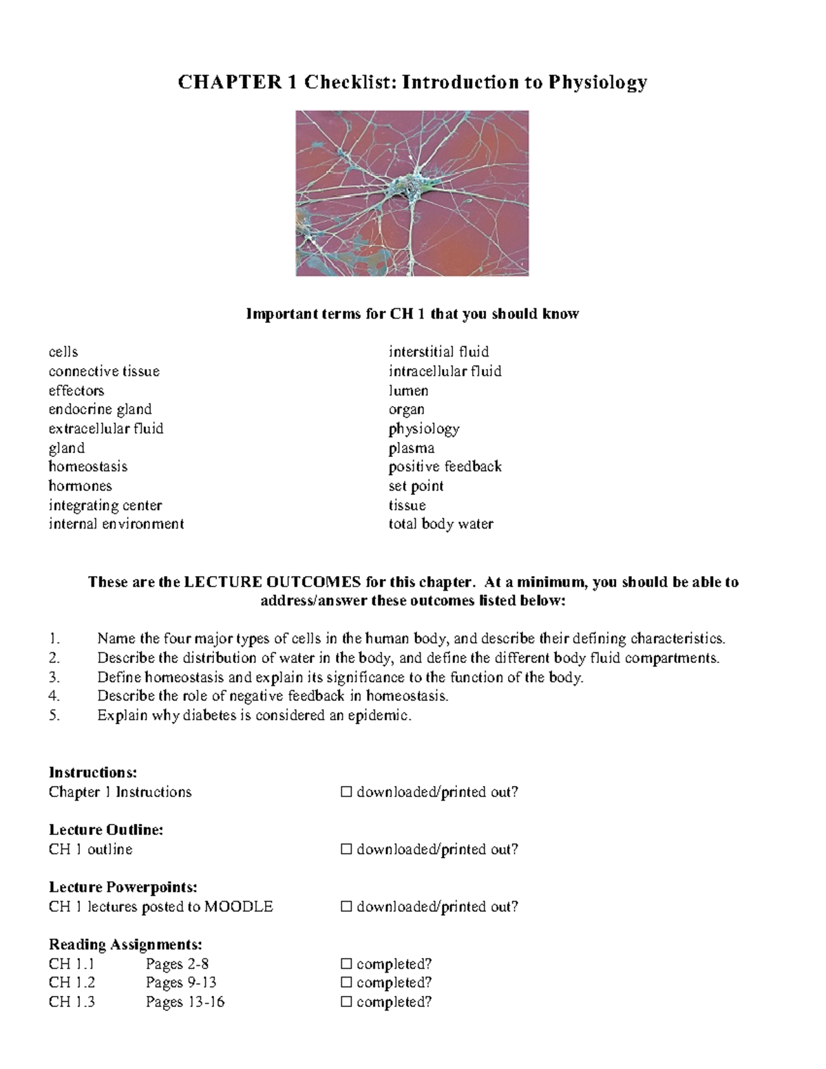 CH 1 checklist - CHAPTER 1 Checklist: Introduction to Physiology ...
