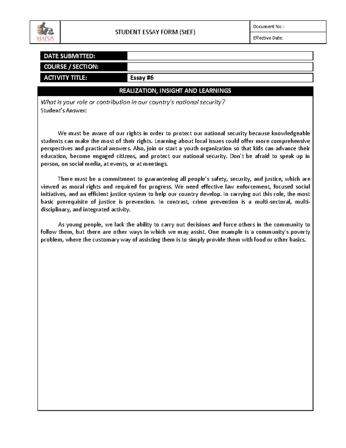 Form - NSTP100 Essay #6 - STUDENT ESSAY FORM (StEF) Document No ...